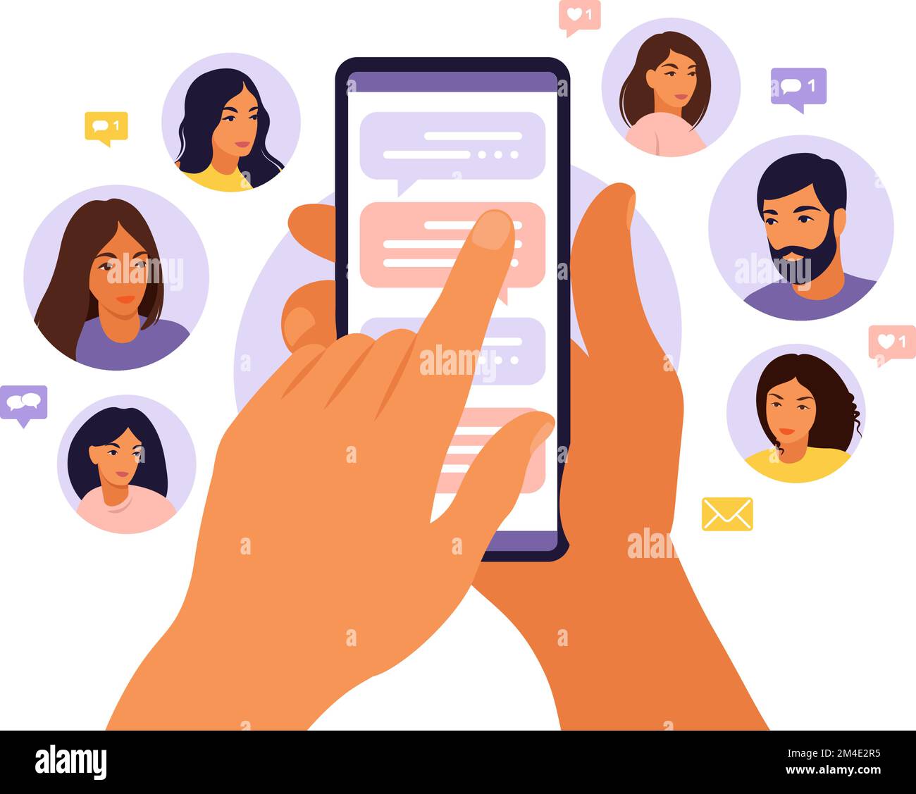 Refer a friend concept with cartoon hands holding a phone with a list ...