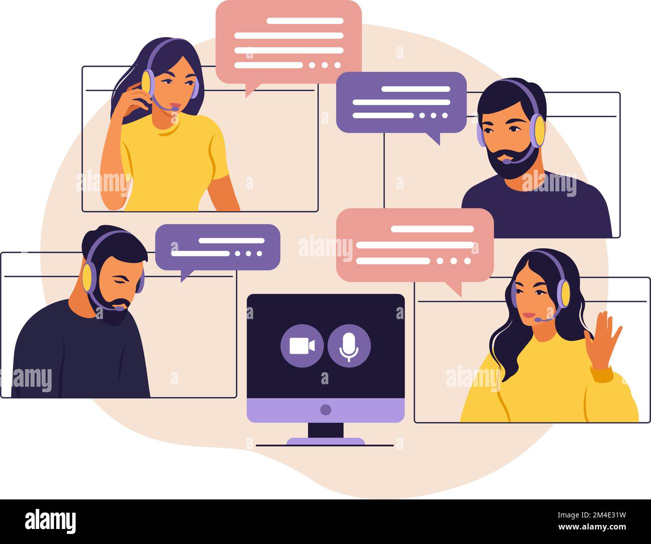 Video meeting of people group. Online meeting via video conference ...