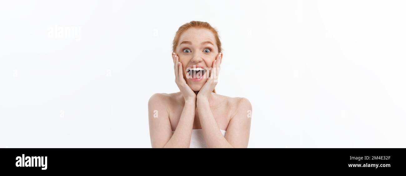 Happy beautiful girl is happy smiling and laughing look stright ...