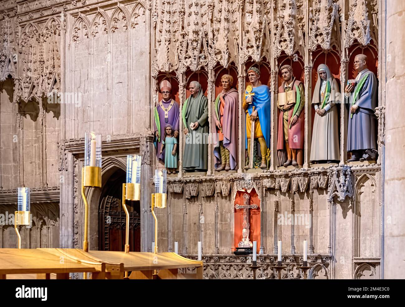 Colourful statues of the martyrs in the medieval Nave Screen, St ...