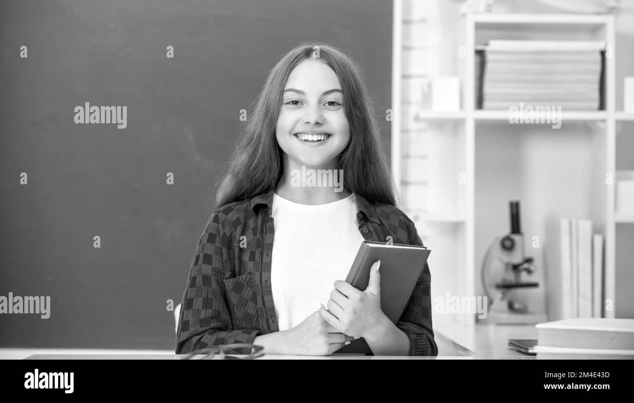 happy child with notebook. back to school. teen girl ready to study ...