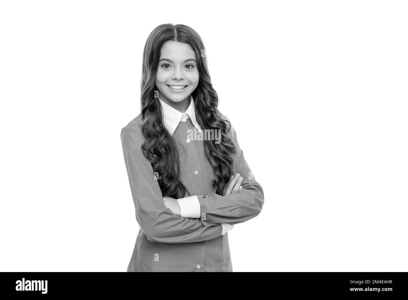 cheerful kid portrait has long curly hair isolated on white, portrait ...