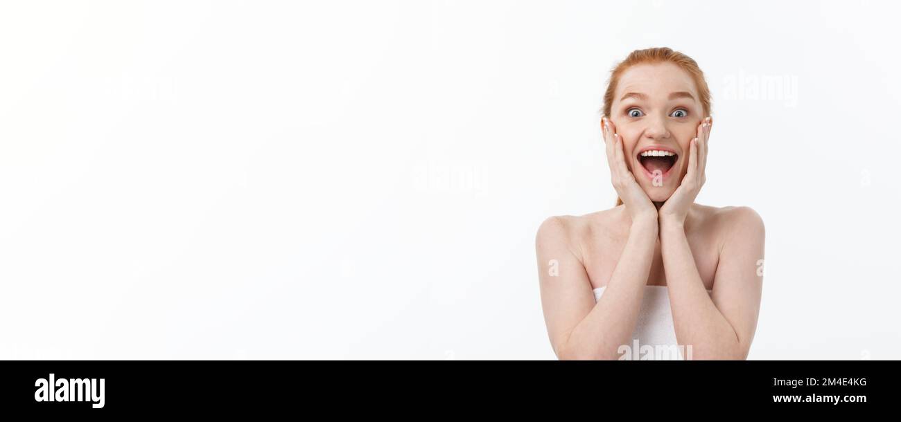 Happy beautiful girl is happy smiling and laughing look stright ...