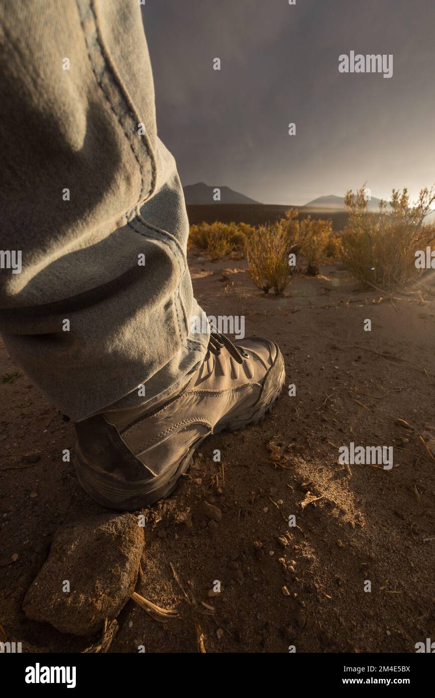 details of hiking shoes, excursion with sunset landscape, enjoying life ...