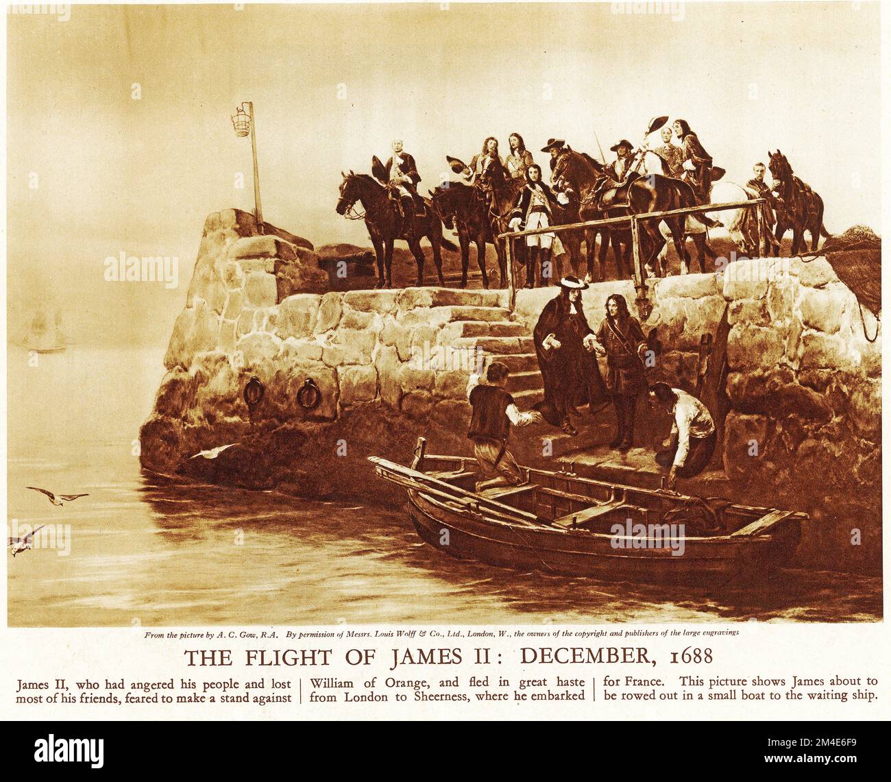Halftone of the flight of James II in 1688, from an educational ...