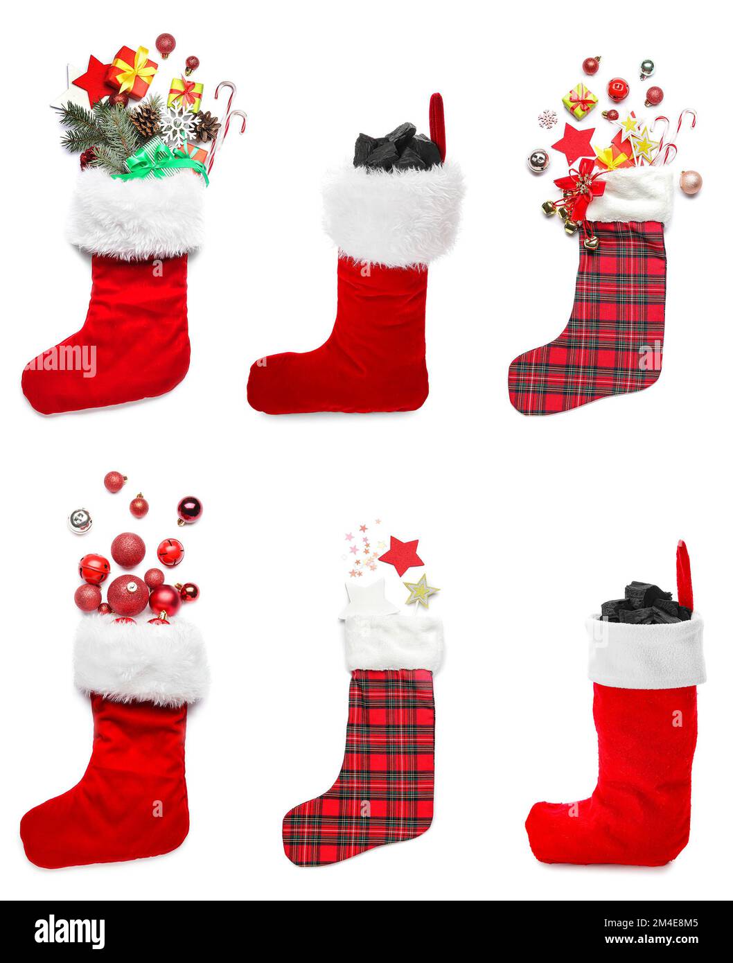 Collage of Christmas socks with gifts on white background Stock Photo ...