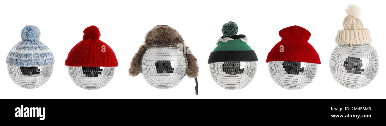 Collage of shiny disco balls with warm winter hats on white background ...