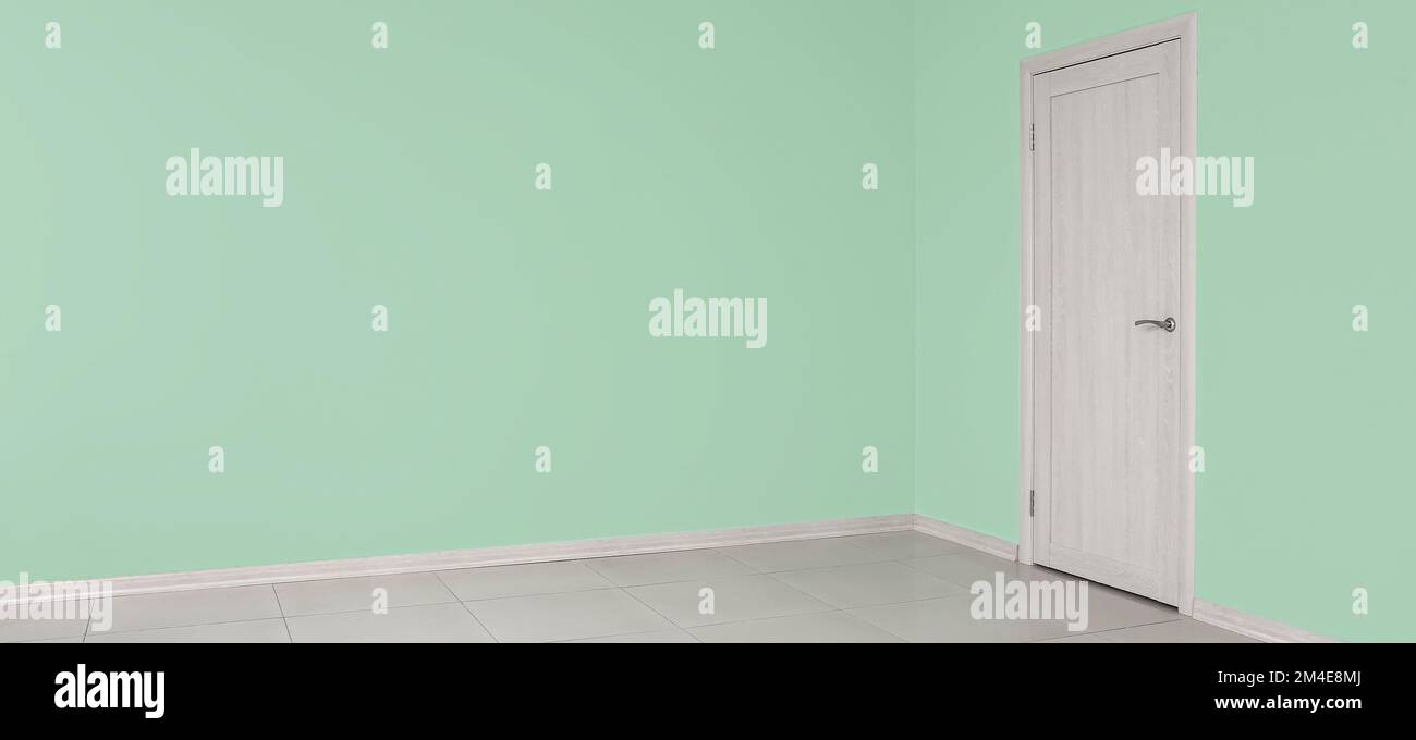 Interior of empty spacious room with mint walls and closed door. Banner ...