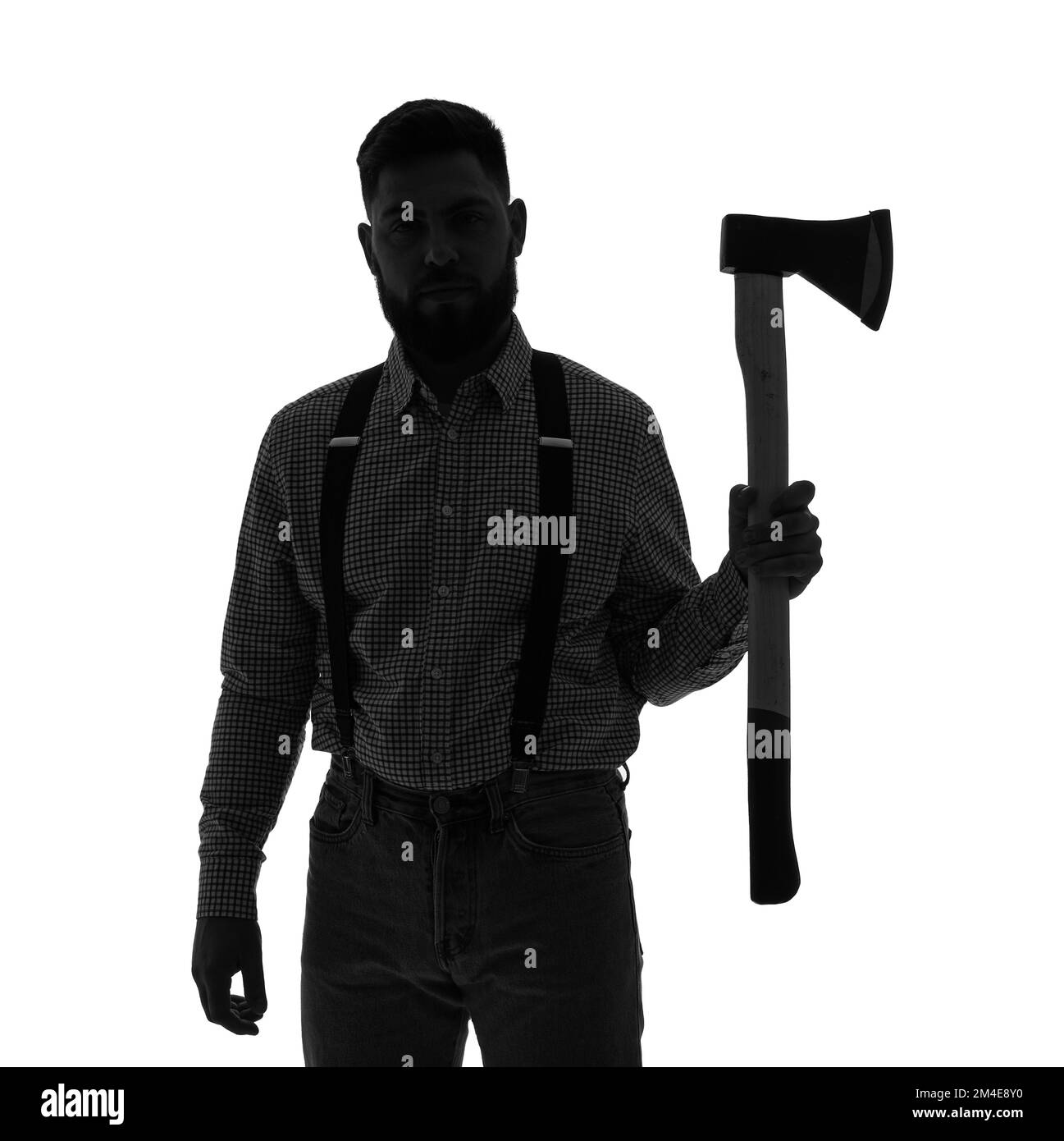 Silhouette of young man with axe on white background Stock Photo - Alamy