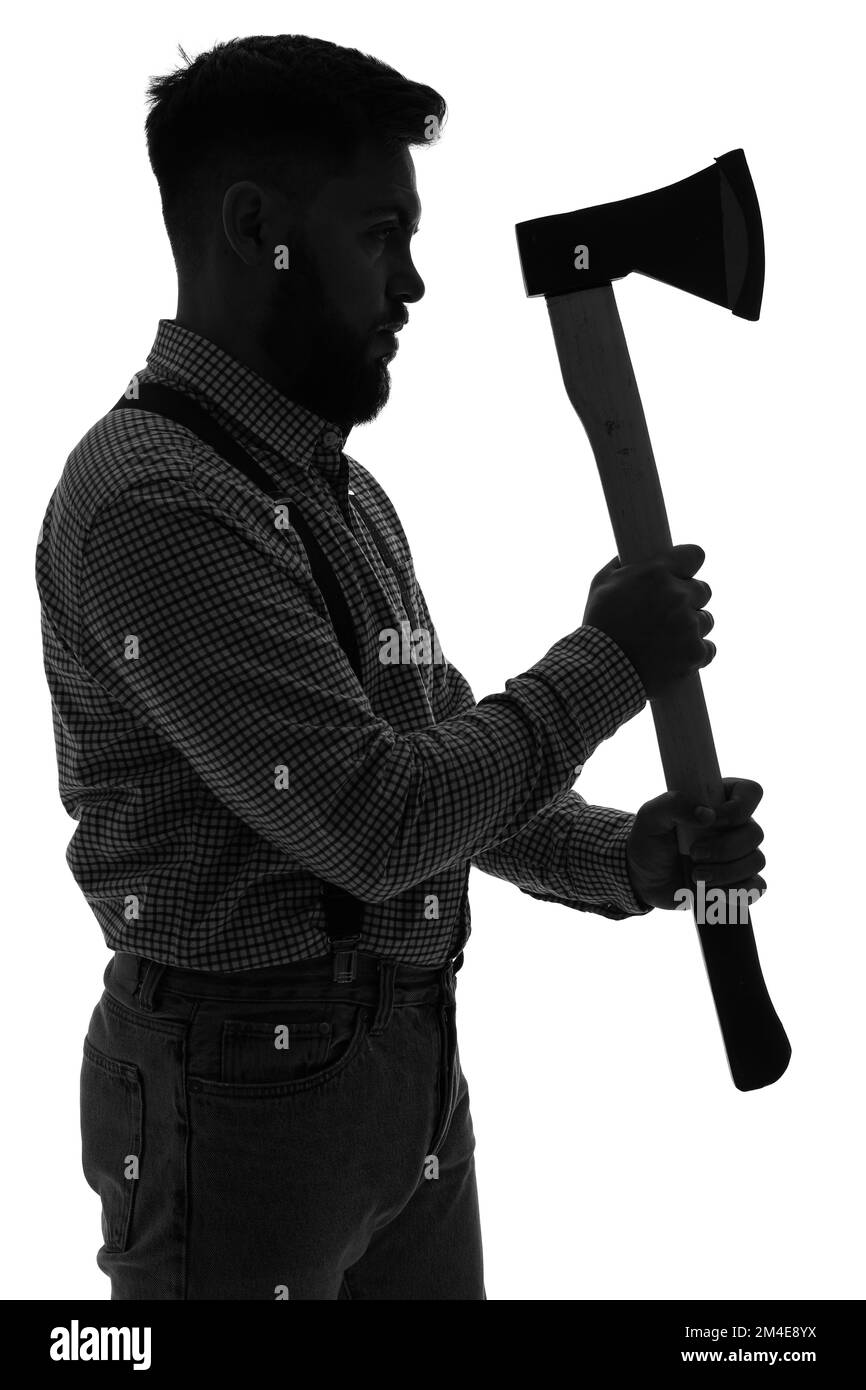 Silhouette of young man with axe on white background Stock Photo - Alamy