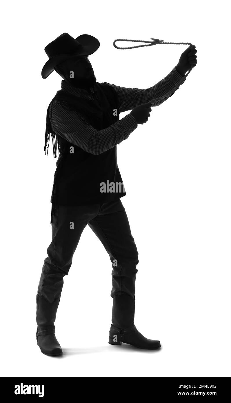 Silhouette of cowboy with rope on white background Stock Photo - Alamy