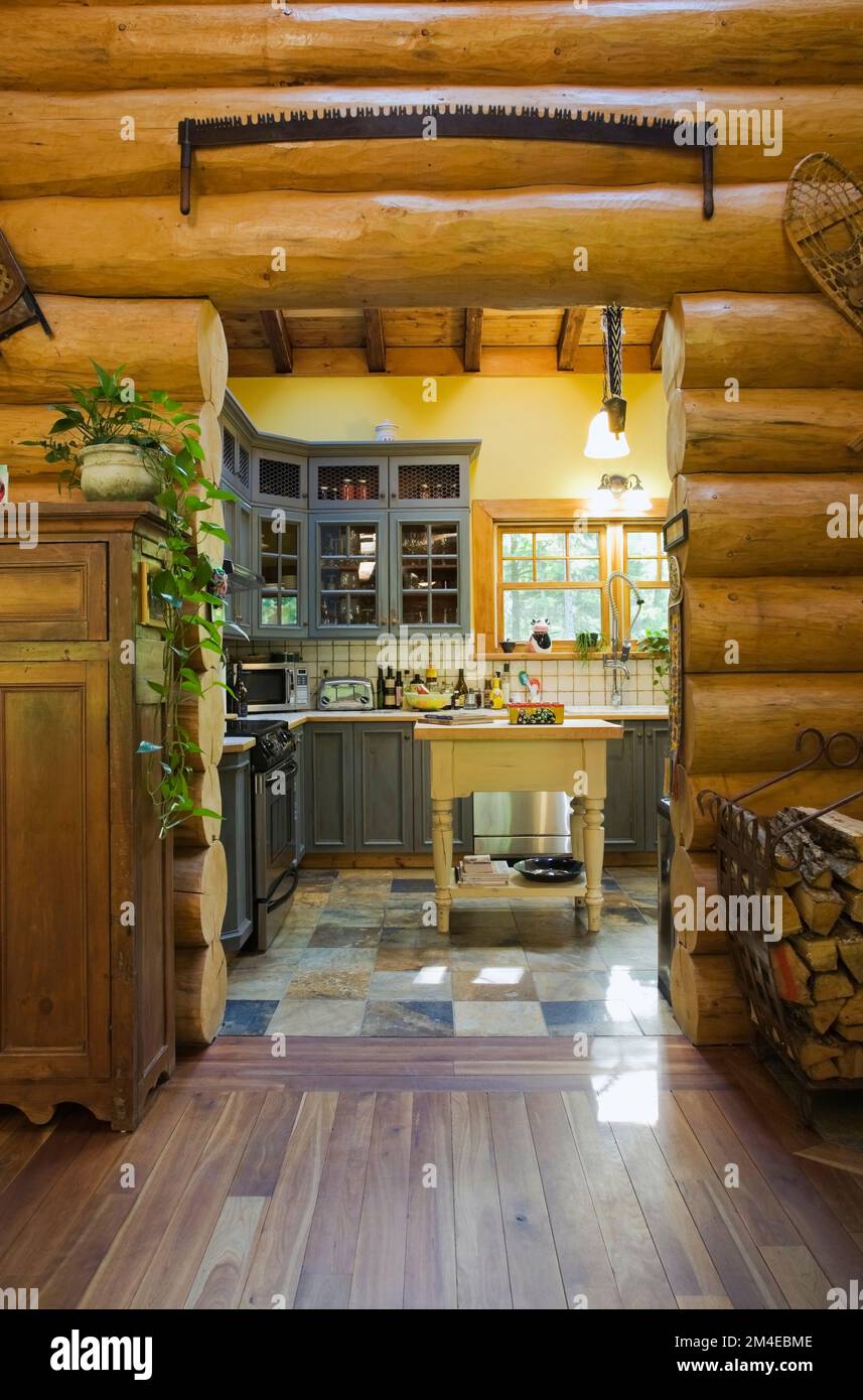 Country style kitchen inside 2003 built cottage style log home Stock ...