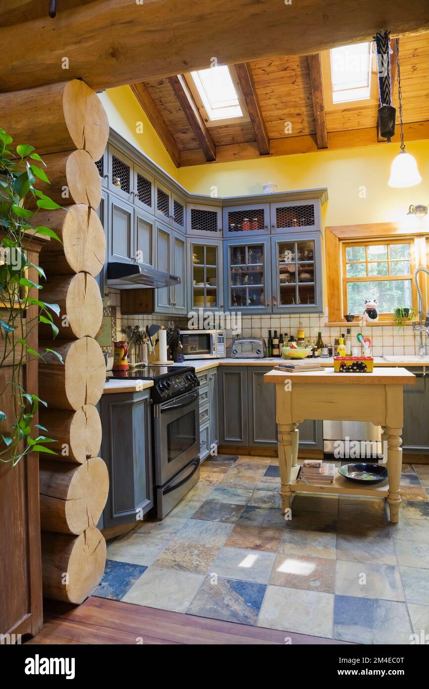 Country style kitchen inside 2003 built cottage style log home Stock ...