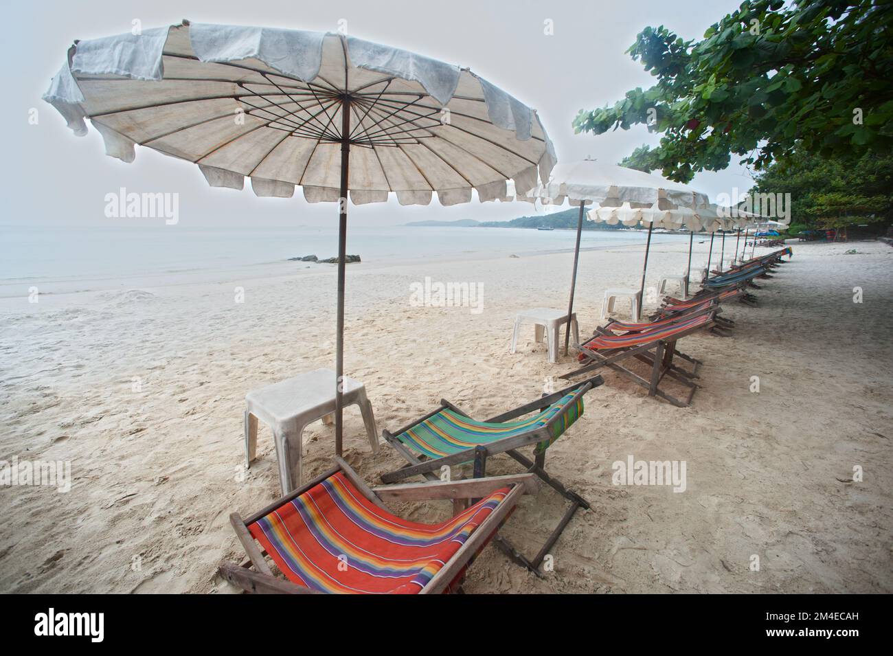 Umbrellas and bed rest on the beach Stock Photo - Alamy