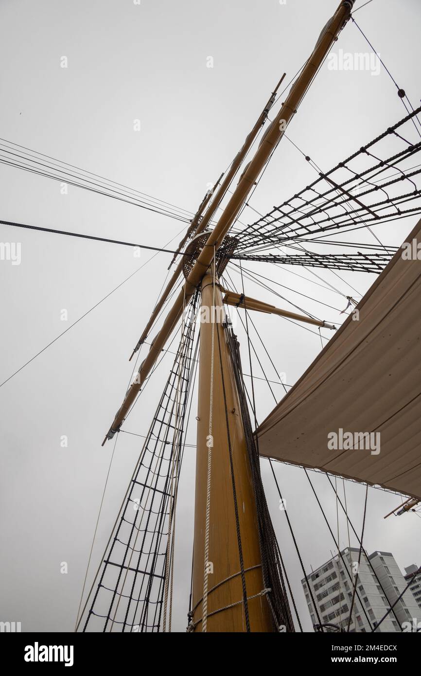 old wooden boat sailing on the mast, details of part of the boat ...