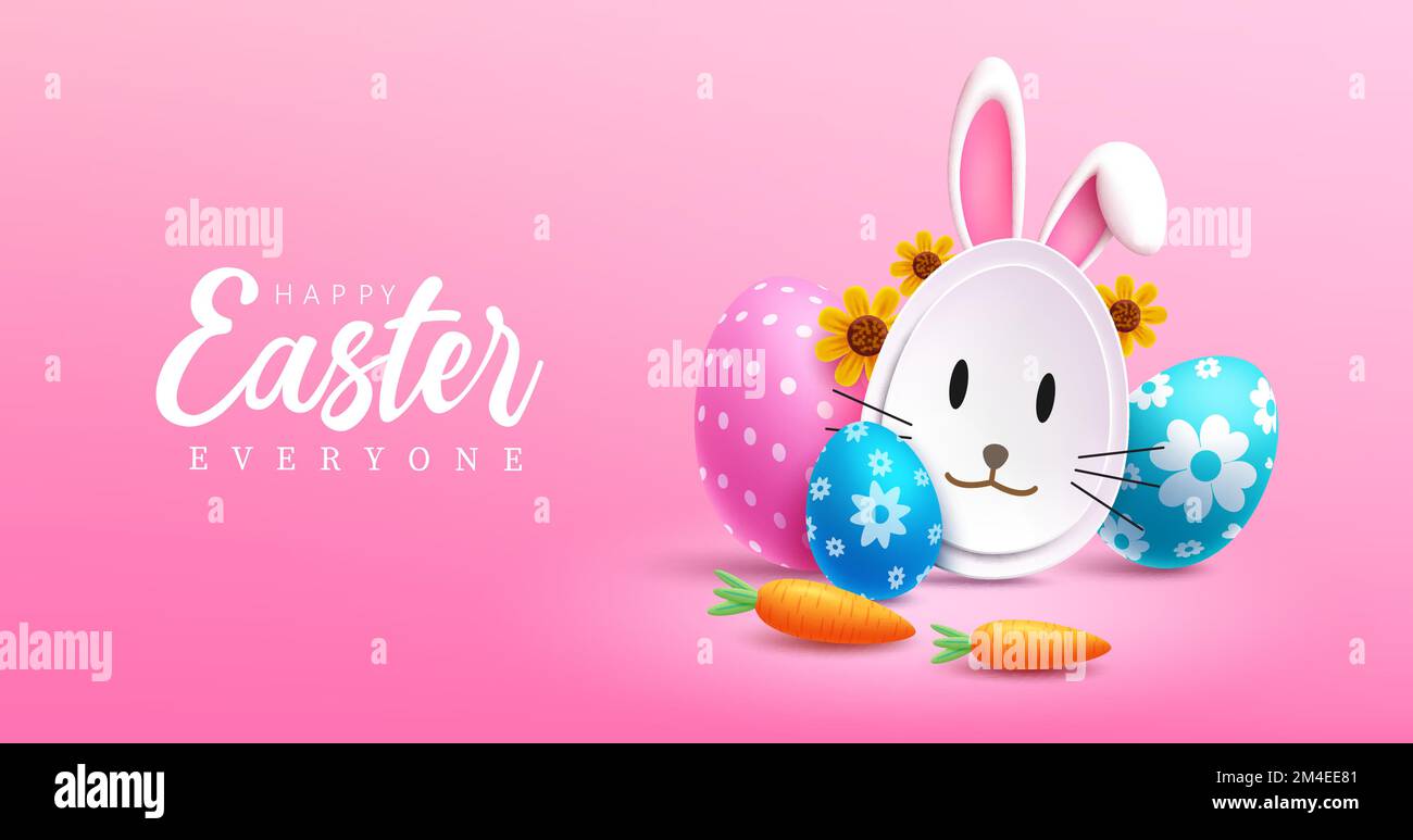 Happy easter text vector design. Easter egg hunt holiday season celebration in empty pink space ...
