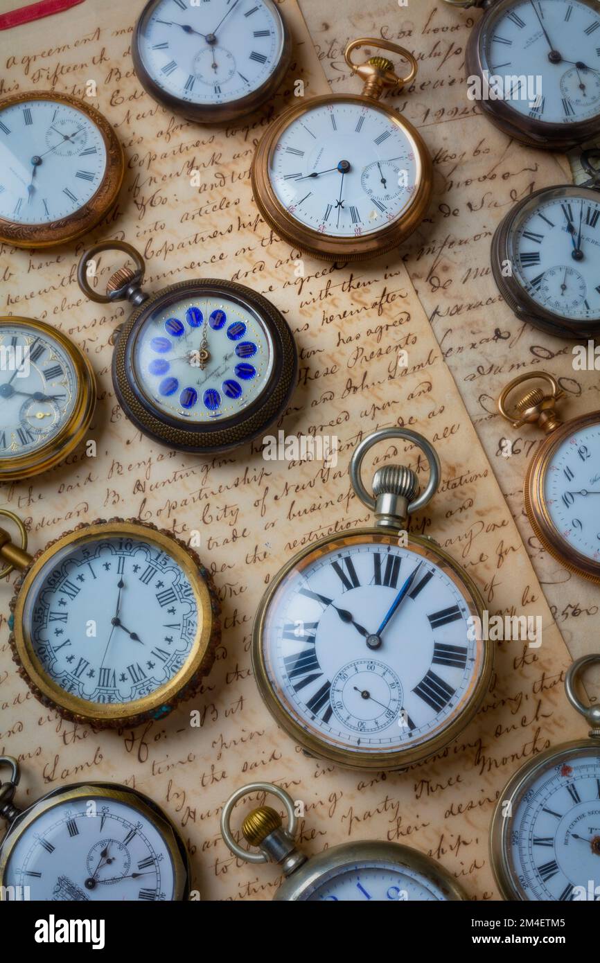 Antique Pocket Watches On Vintage Letters Still life Stock Photo - Alamy