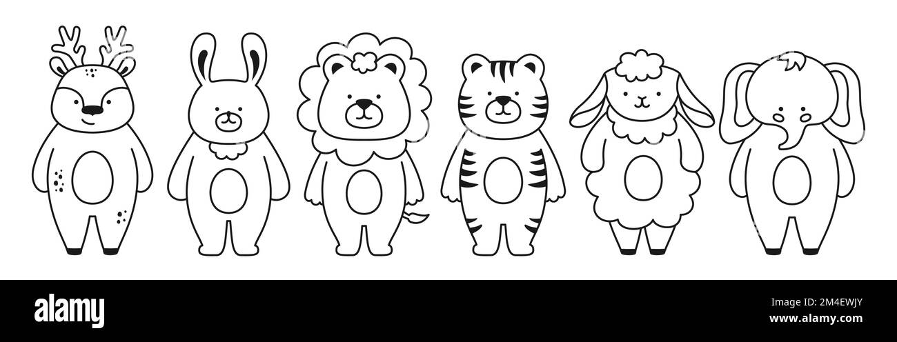 Cute wild animals outline cartoon baby set. Childish safari character ...