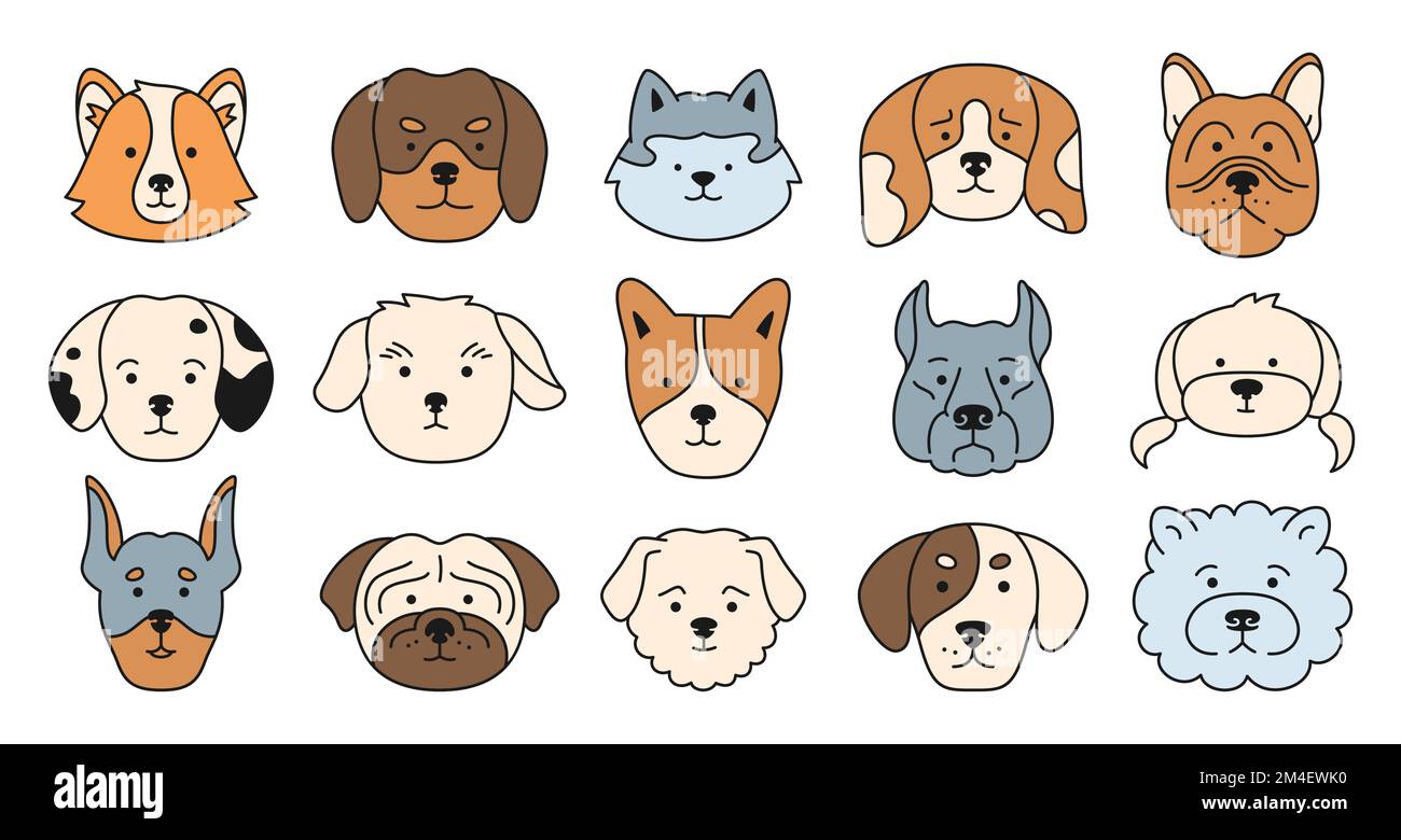 Dog faces emotion cartoon outline character set. Cute puppy kawaii head ...