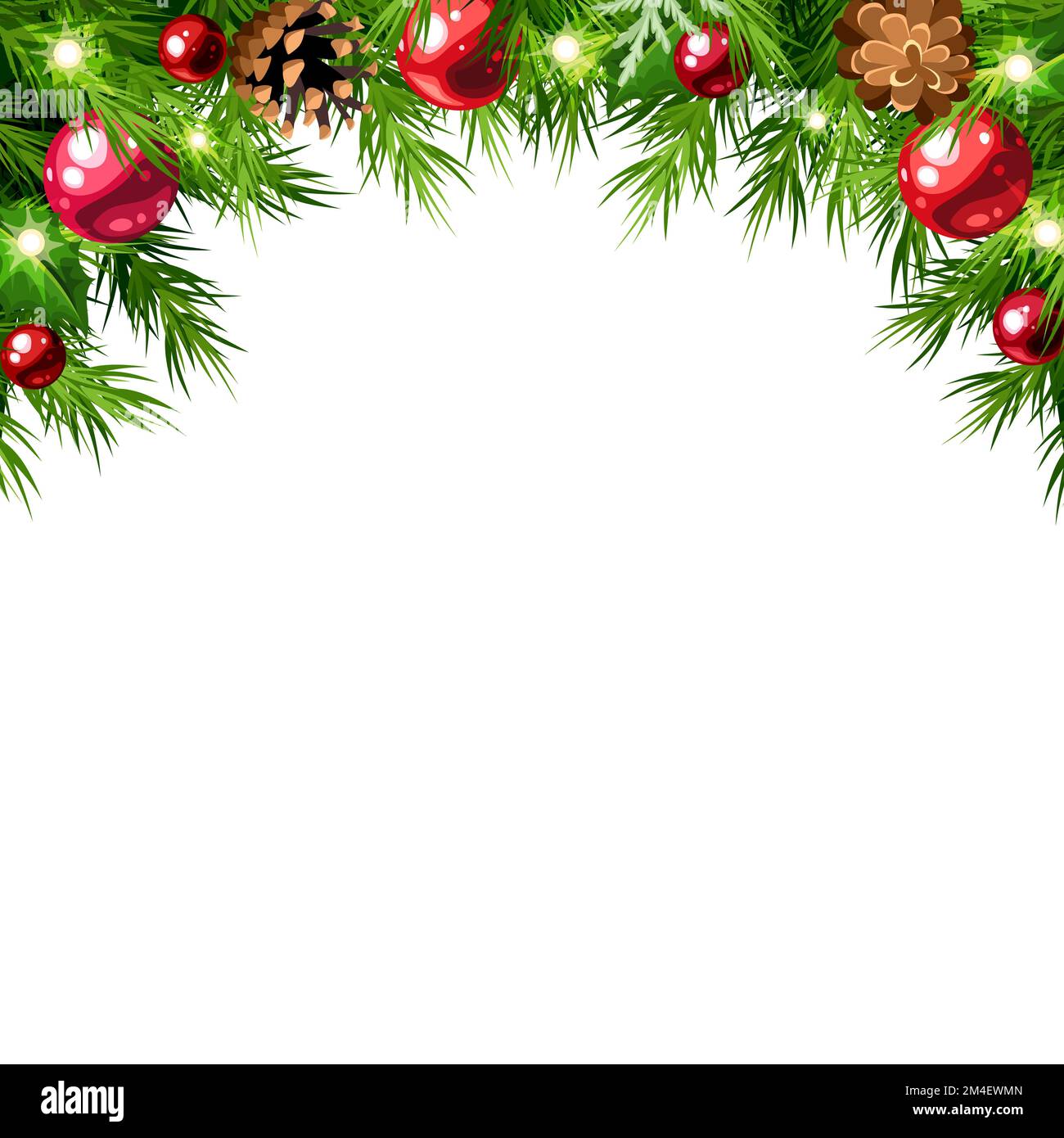 Christmas background frame with green fir branches, red balls, pine ...