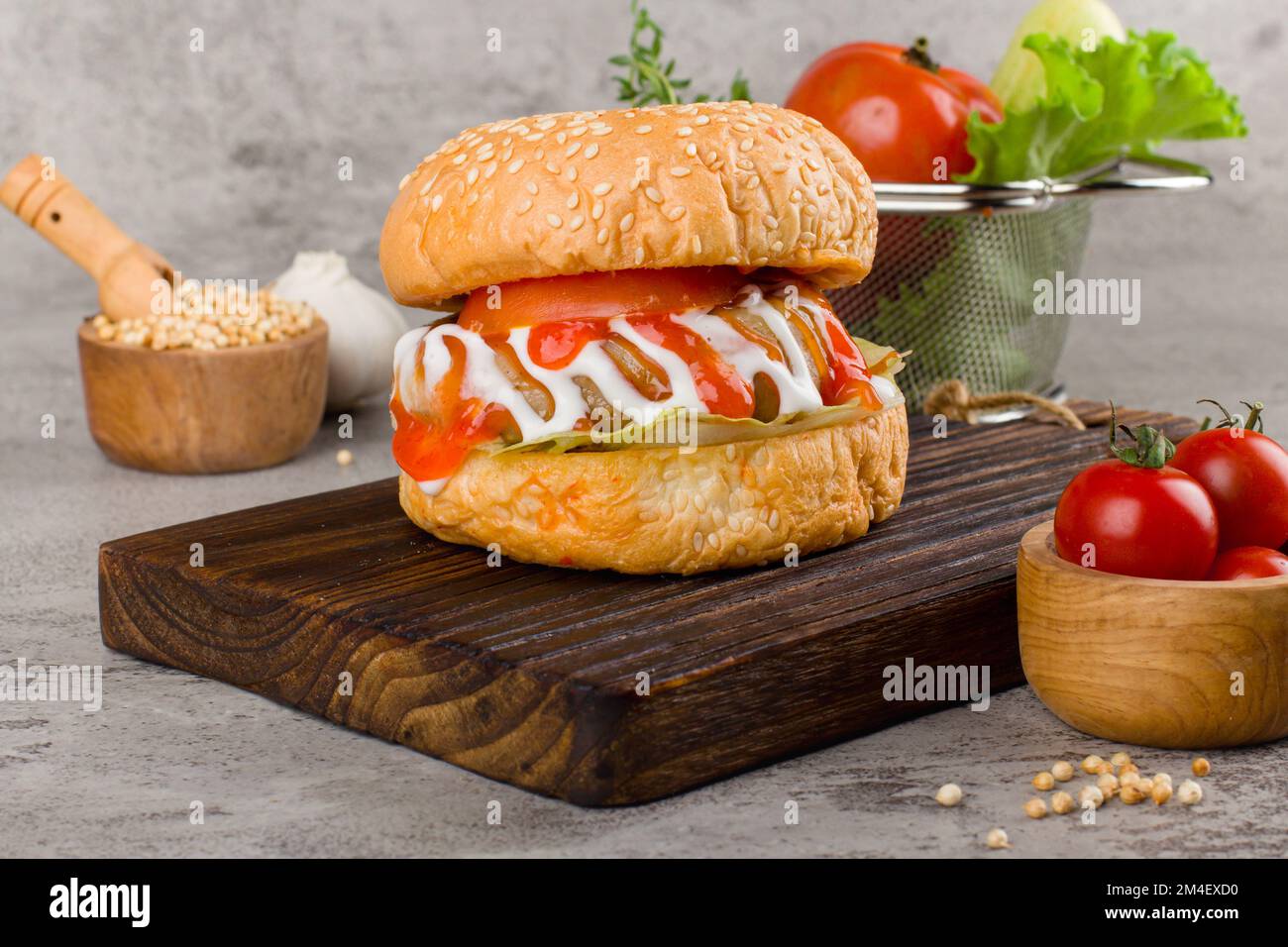 Home made hamburger with beef, onion, tomato, lettuce and cheese. Fresh ...