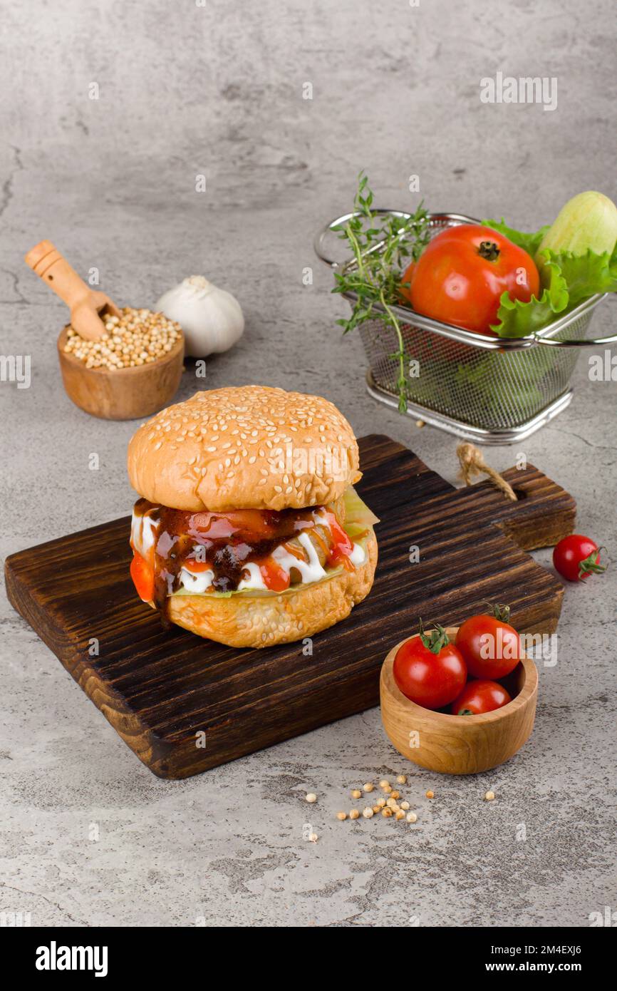 Home made hamburger with beef, onion, tomato, lettuce and cheese. Fresh ...