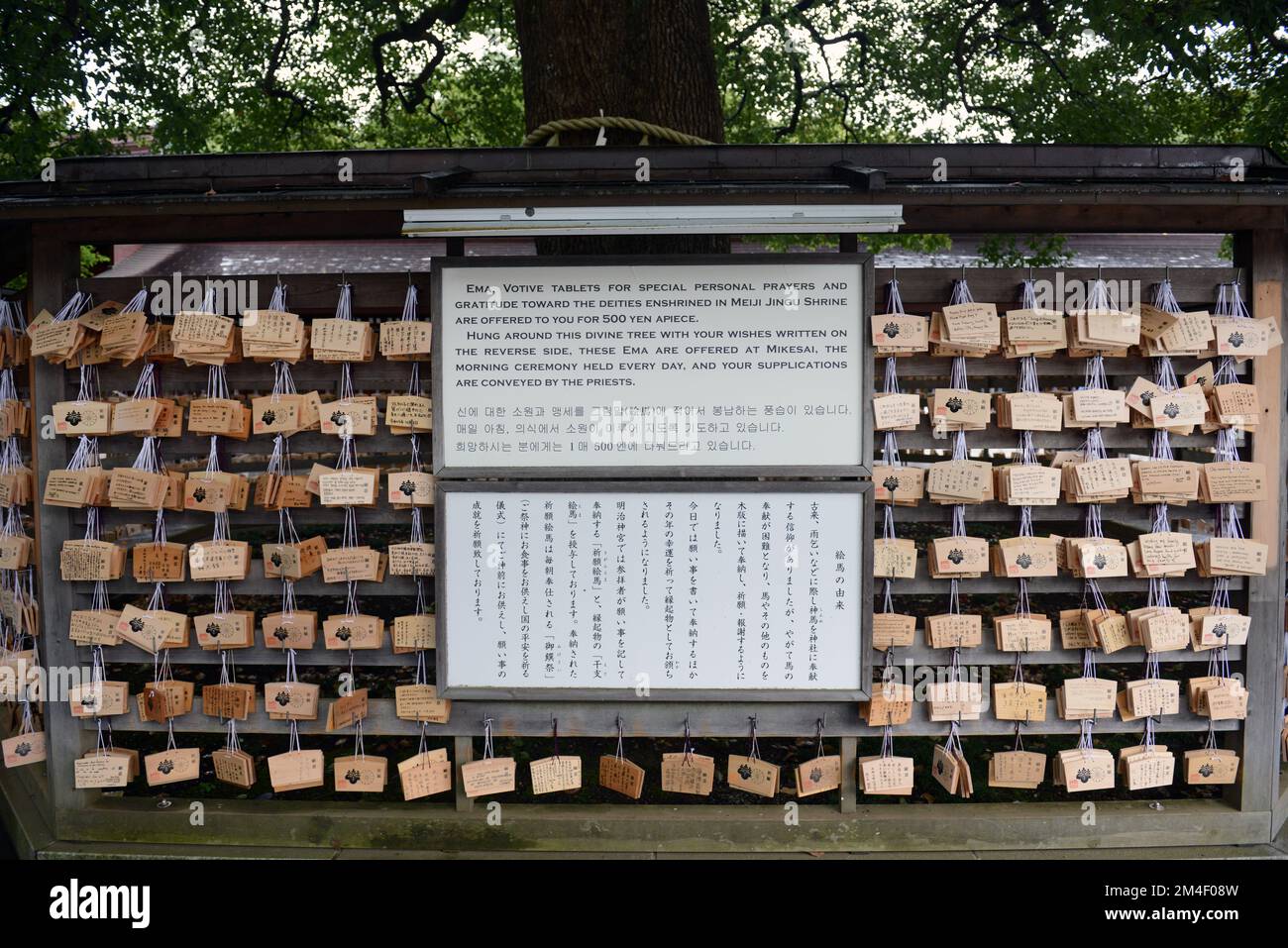 Ema wooden plaques for prayers and good wishes at the Meiji Shrine in ...