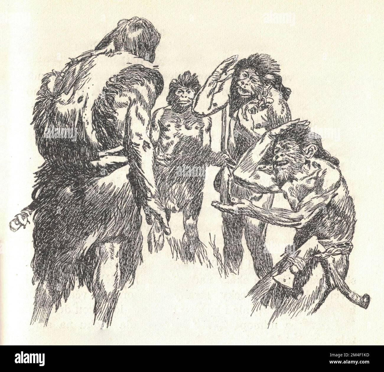 Prehistoric people. Old black and white illustration. Vintage drawing ...