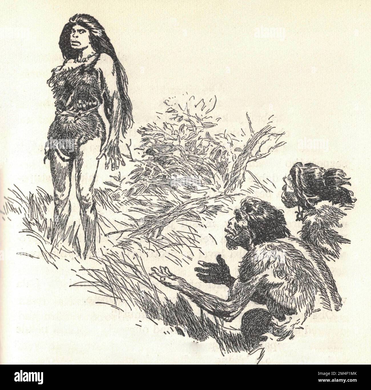 Prehistoric people. Two men and a woman. Old black and white ...