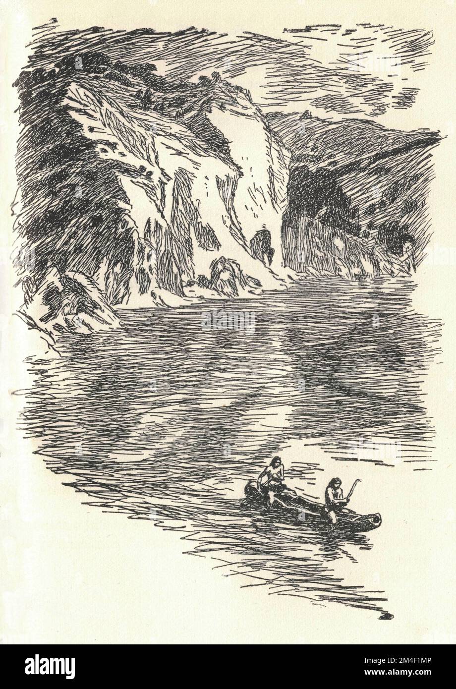 Prehistoric people float in a canoe. Old black and white illustration ...