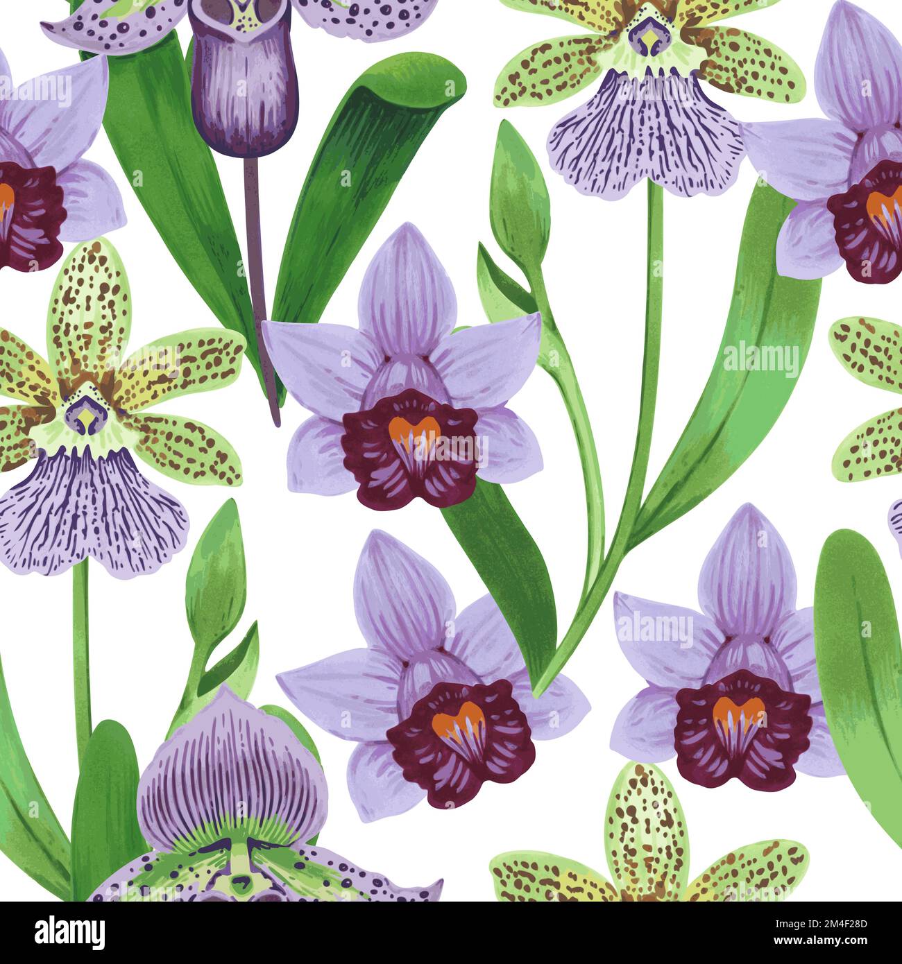Vector seamless pattern with colorful psychedelic orchid flowers. Hand ...
