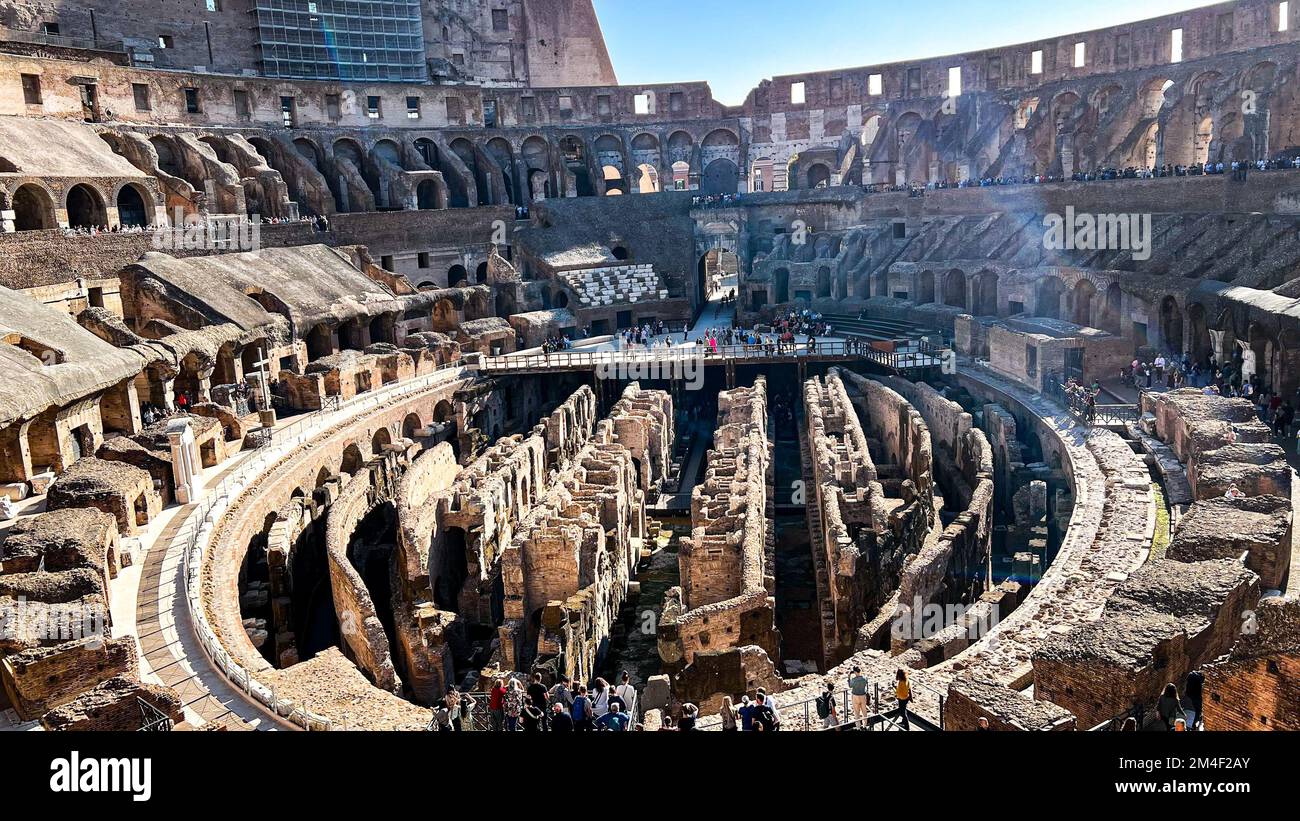 A top view of the oval amphitheater of the Colosseum in Rome, Italy ...
