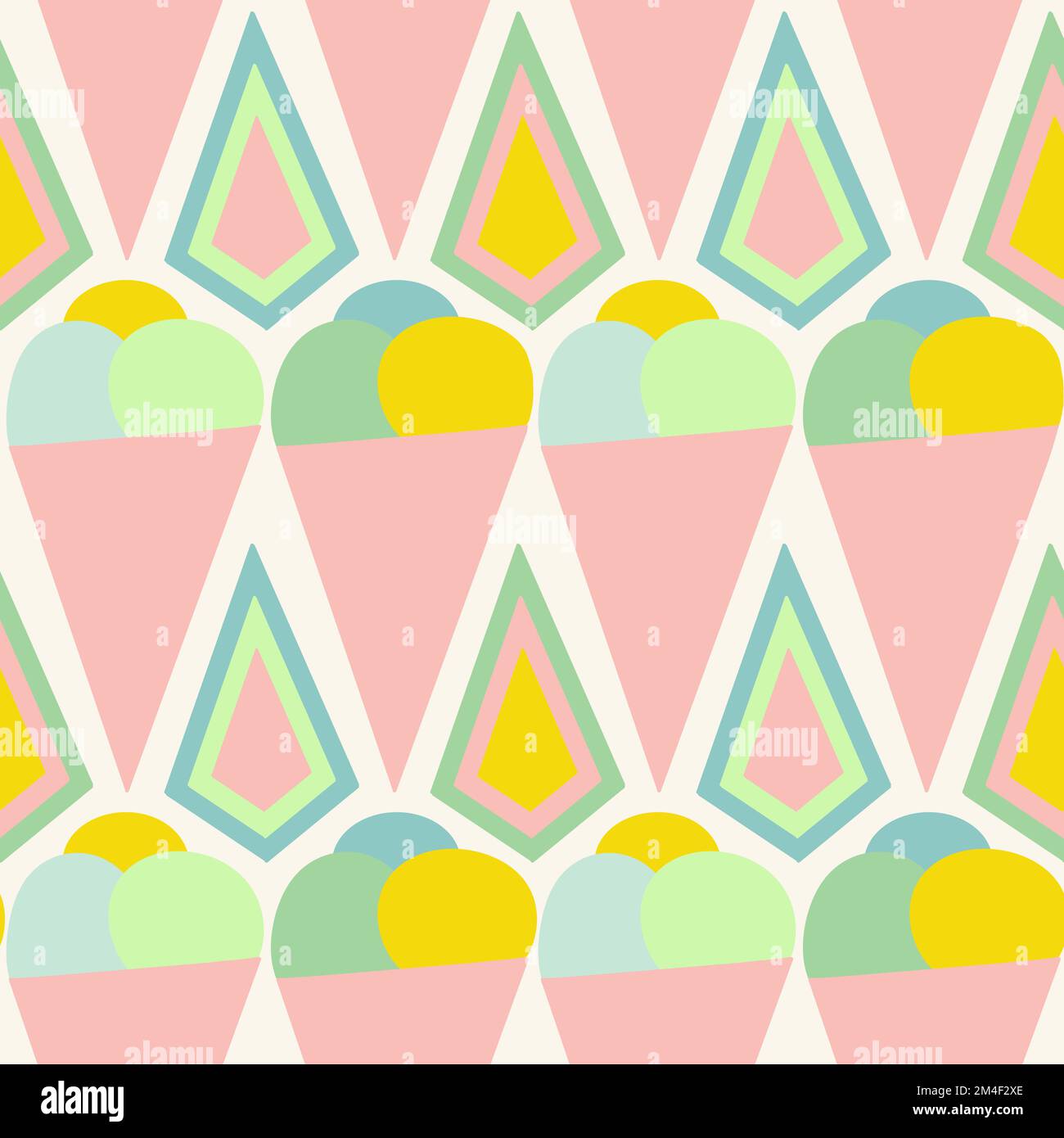 Hand drawn seamless pattern of pink pastel ice cream cone in mid ...