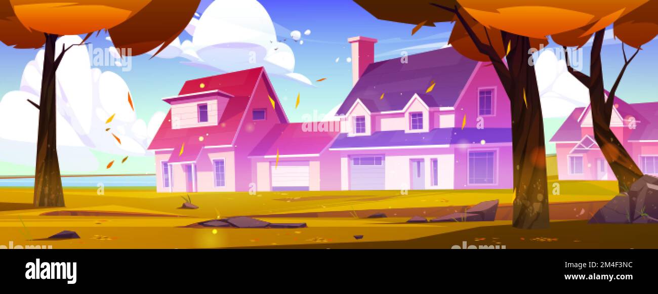 Village houses on river coast in autumn. Countryside landscape, fall ...