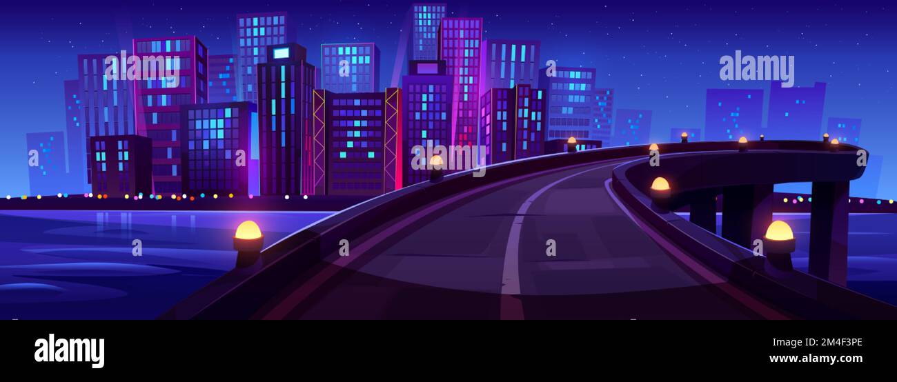 Bridge above river and city skyline with neon lights at night. Urban ...