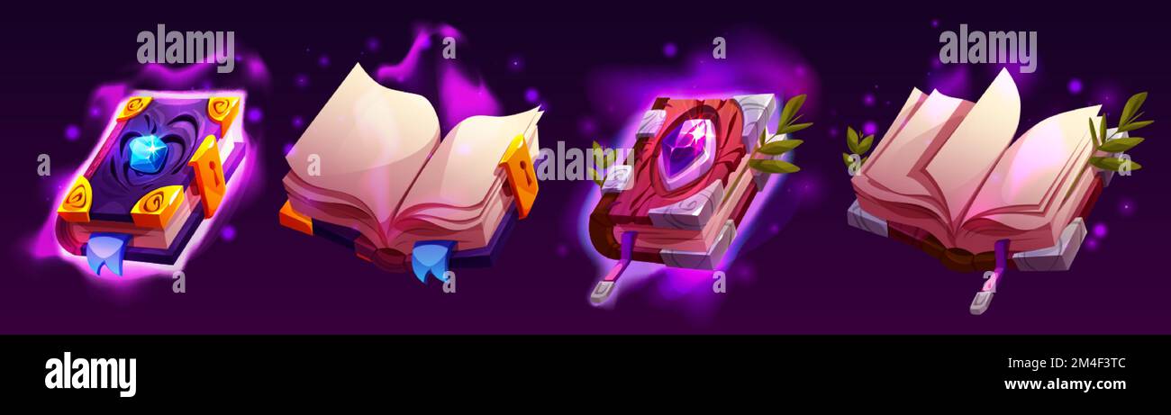 Old magic books of spells with gems, gold and silver covers and mystery ...