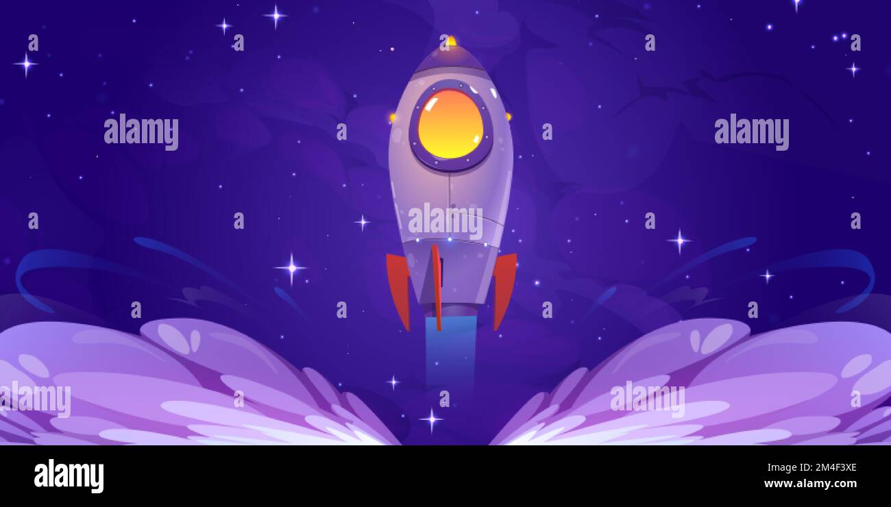 Rocket launch. Futuristic spaceship flying up from planet with smoke ...