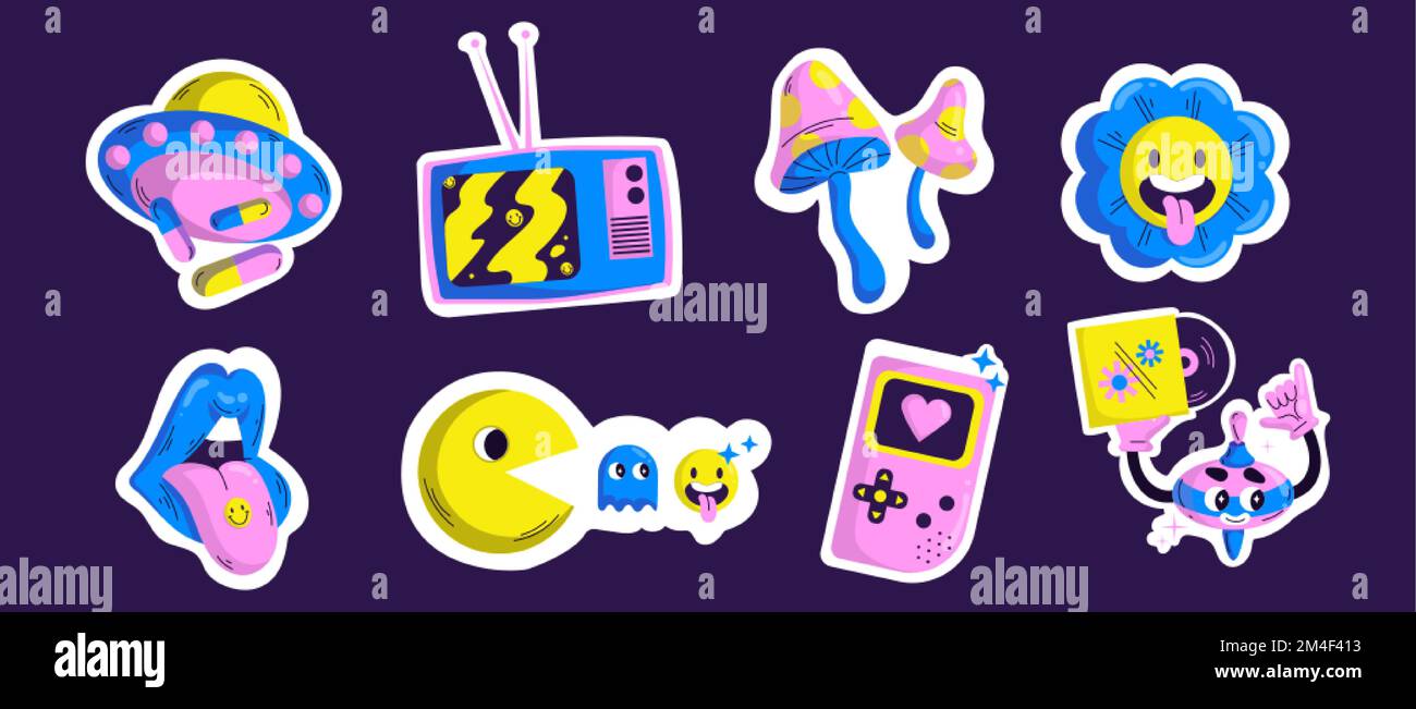 Retro acid psychedelic stickers. Abstract patches with mushrooms ...