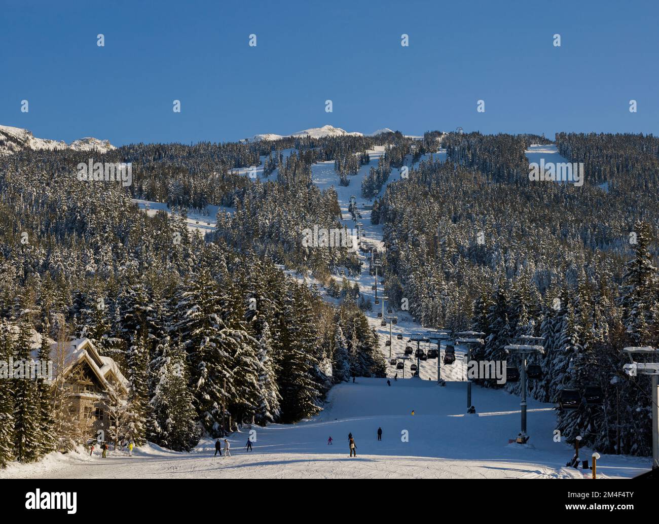 Snow covered mountains panorama - snowboarders and skiers ride on ...