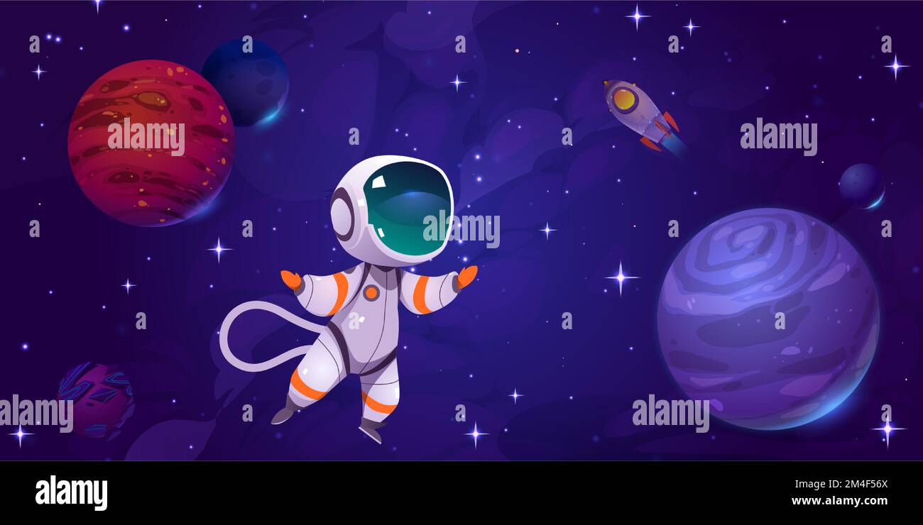 Cute astronaut in outer space with alien planets, stars and rocket ...