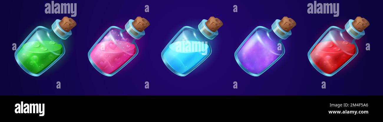 Bottles with magic potions, elixirs, drinks and poisons. Glass jars ...