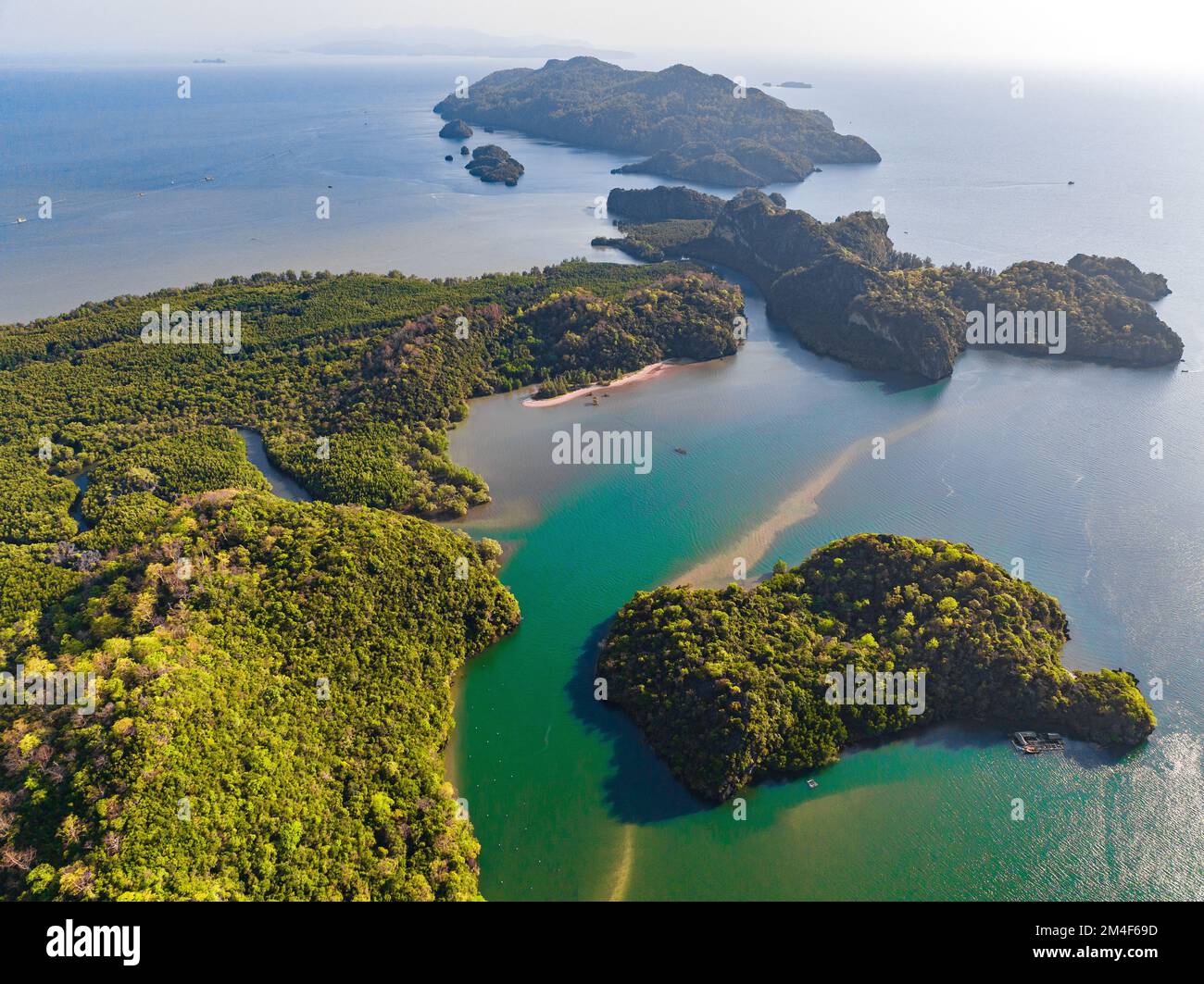 Aerial view of Bo Chet Luk port Harbour with long tail boats, in Satun ...
