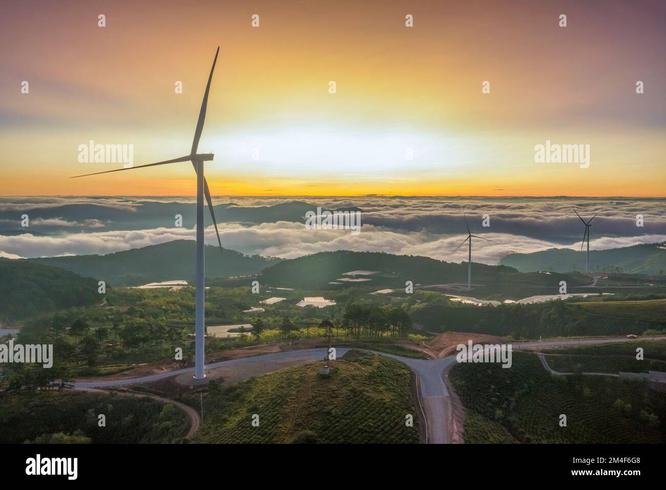 PANORAMIC VIEW OF WIND FARM OR WIND PARK, WITH HIGH WIND TURBINES FOR ...