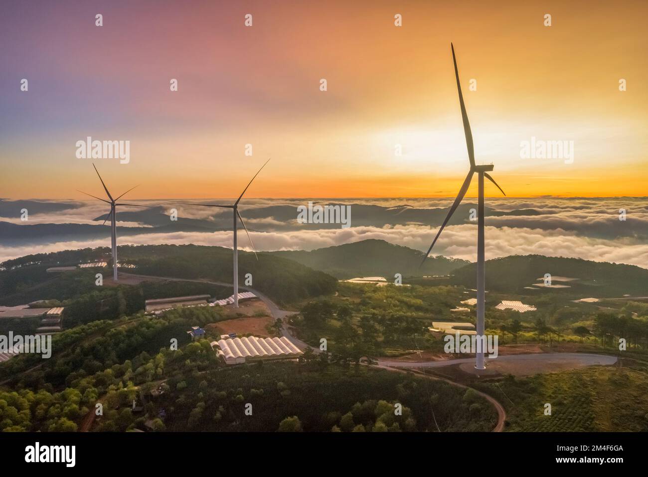 PANORAMIC VIEW OF WIND FARM OR WIND PARK, WITH HIGH WIND TURBINES FOR ...