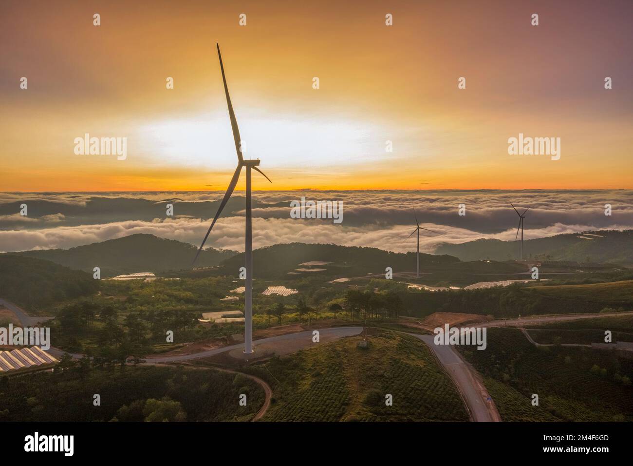 PANORAMIC VIEW OF WIND FARM OR WIND PARK, WITH HIGH WIND TURBINES FOR ...