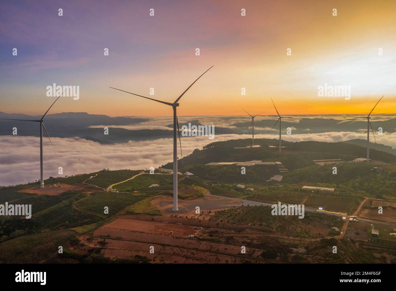 PANORAMIC VIEW OF WIND FARM OR WIND PARK, WITH HIGH WIND TURBINES FOR ...