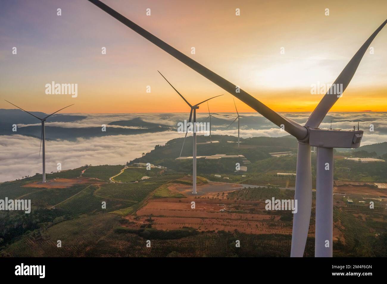 PANORAMIC VIEW OF WIND FARM OR WIND PARK, WITH HIGH WIND TURBINES FOR ...