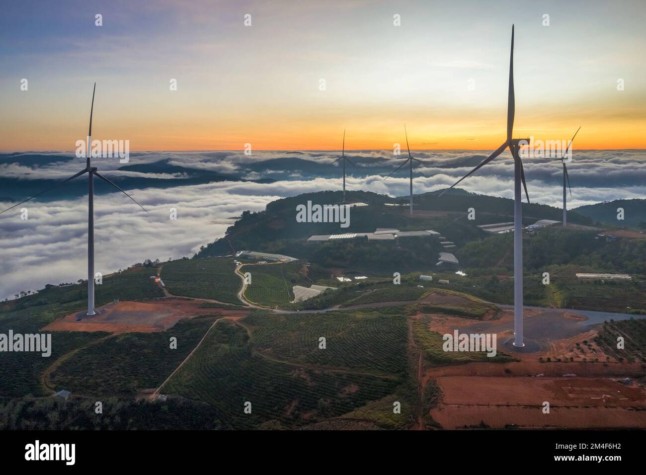 PANORAMIC VIEW OF WIND FARM OR WIND PARK, WITH HIGH WIND TURBINES FOR ...