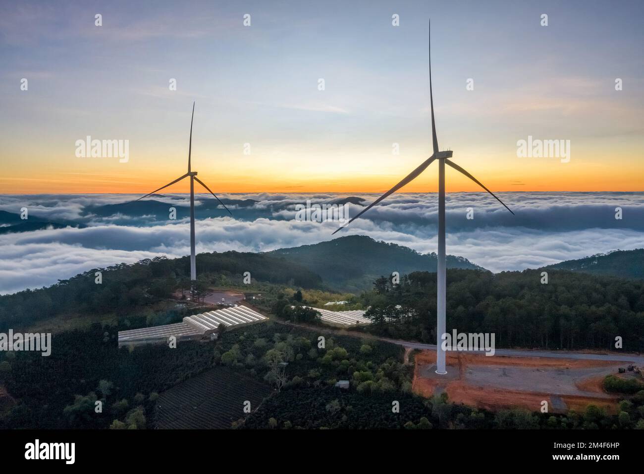 PANORAMIC VIEW OF WIND FARM OR WIND PARK, WITH HIGH WIND TURBINES FOR ...