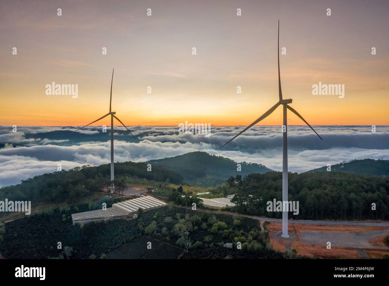 PANORAMIC VIEW OF WIND FARM OR WIND PARK, WITH HIGH WIND TURBINES FOR ...